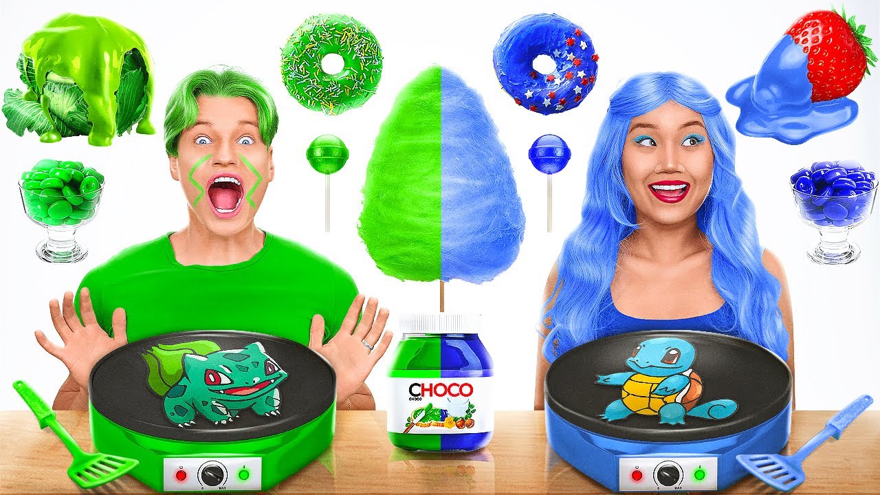 ONE COLOR FOOD CHALLENGE || Cooking Green vs Blue Pokemon Food! Kitchen ...
