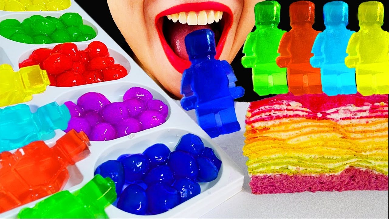 ruby asmr Lego-shaped jelly and rainbow crepe cake show. Mukbang - YouTube