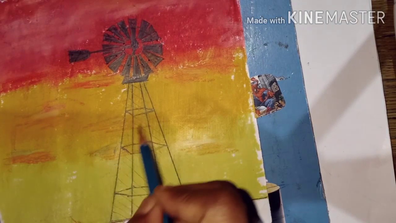 WIndmill Sunset Scenery / Drawing with Oil Pastels / Step by Step - YouTube