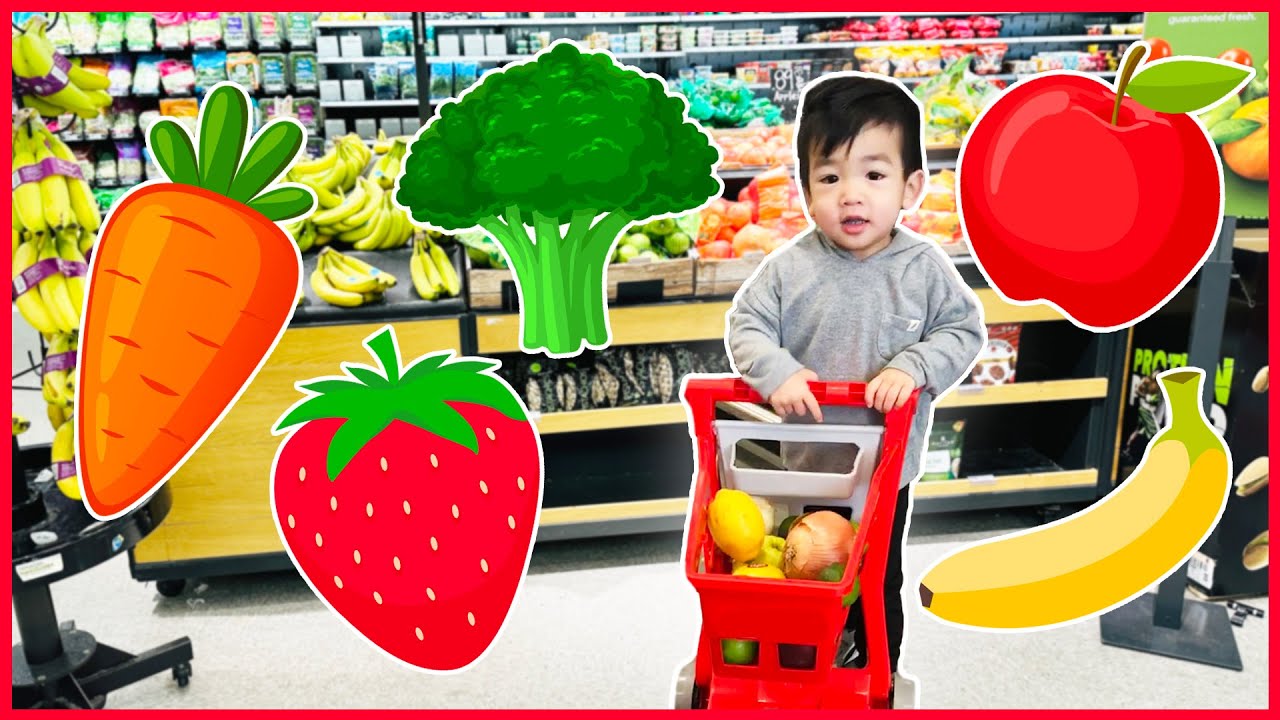 Kid Kobe Grocery Shopping with Kid Size Shopping Cart to Learn Fruits ...