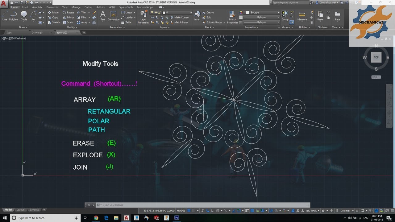 Auto CAD Beginners Tutorial - 11 ARRAY,ERASE,JOIN,EXPLODE,ASSOCIATIVE ...