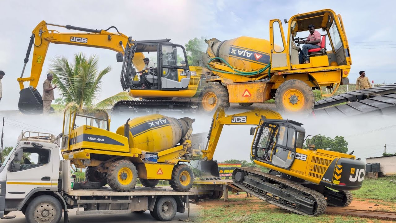 JCB Excavator Loading Ajax Concrete Mixer on Trailer | Heavy Machine ...