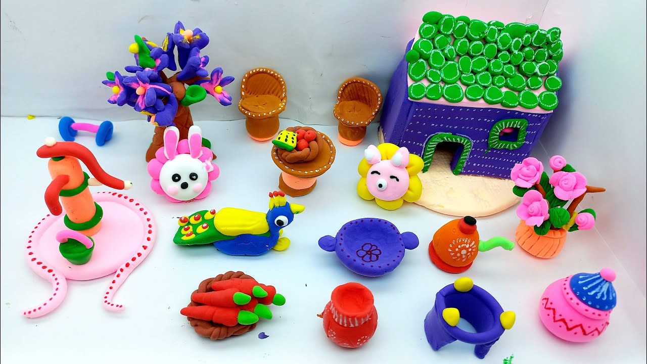 DIY How to make polymer clay village house ,chairs table, kitchen set ...