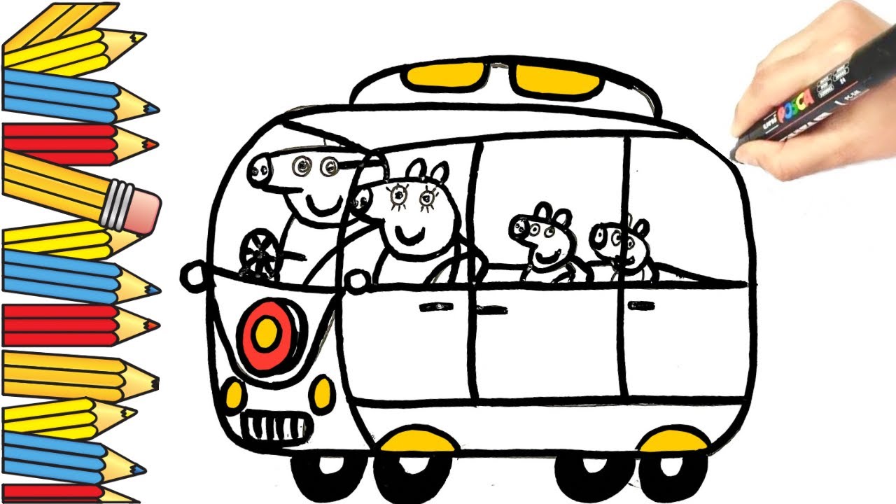 Peppa Pig 🐷 And Family Riding On A Bus 🚌 Drawing,Colouring for Kids 👦🏼👧 ...