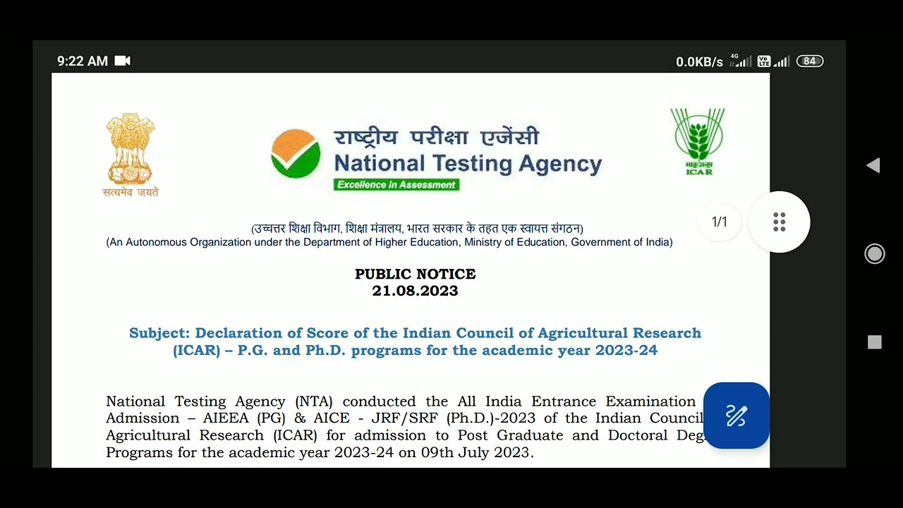 Declaration of Score Card ICAR AIEEA PG AICE JRF SRF PhD 2023 Official ...