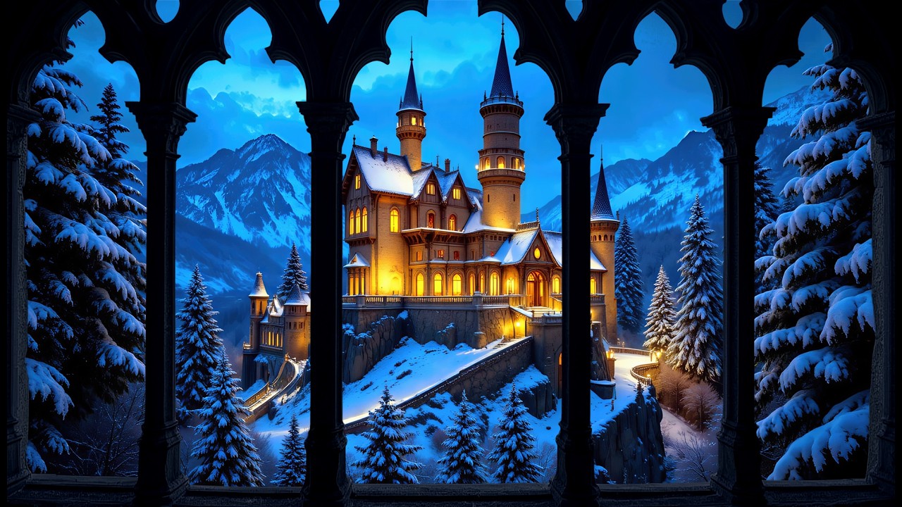 Snowy Castle Night | Fake Window Projector 4K (No Music, No Talking ...