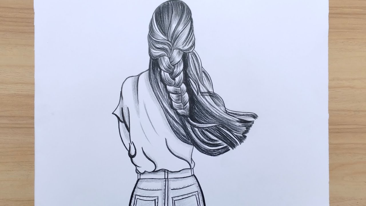 Girl with long beautiful hair pencil sketch drawing// girl with long ...