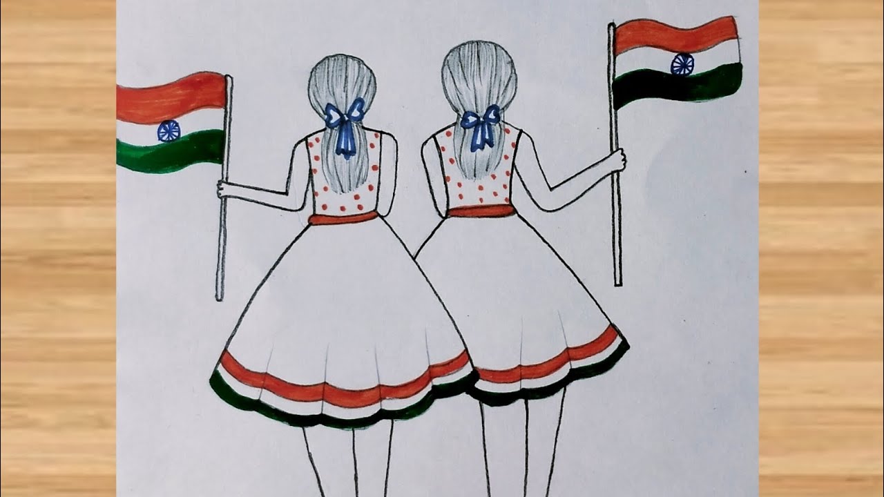 Independence Day Drawing Easy | Two Girls Holding Flag🇮🇳 Drawing Easy ...