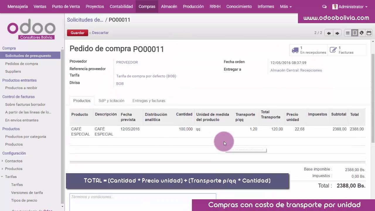 Odoo - Compras con precio de transporte por unidad - YouTube