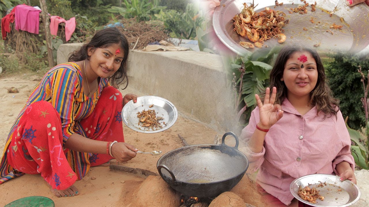 beautiful village girls cooking local shrimps and crabs and eating ...