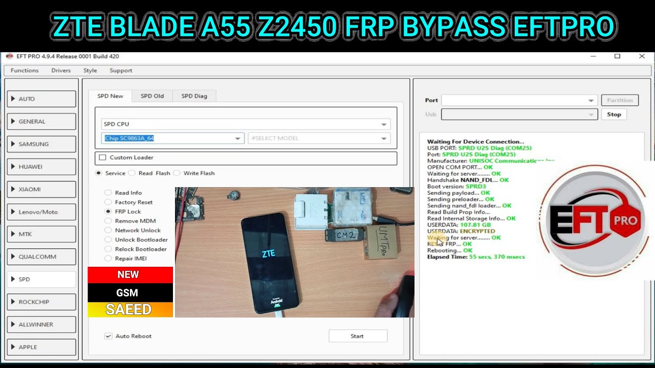 zte blade a55 z2450 frp bypass EFTPRO by new gsm saeed - YouTube