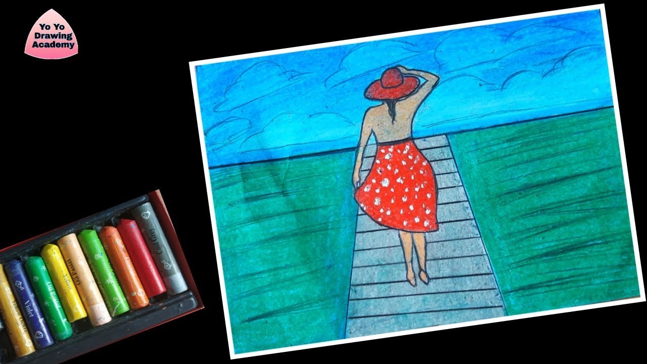 How to Draw a Girl | Beautiful Girl Walking on the Sea Beach Painting ...