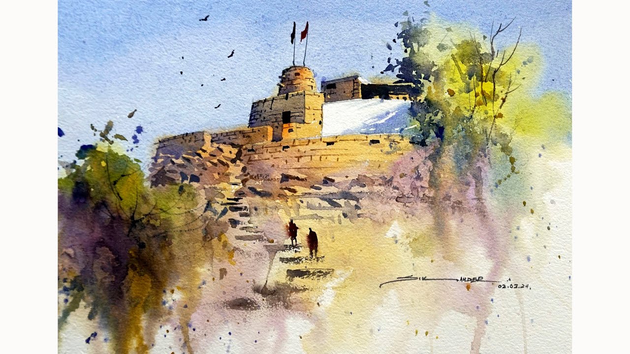 Easy watercolor temple painting - YouTube