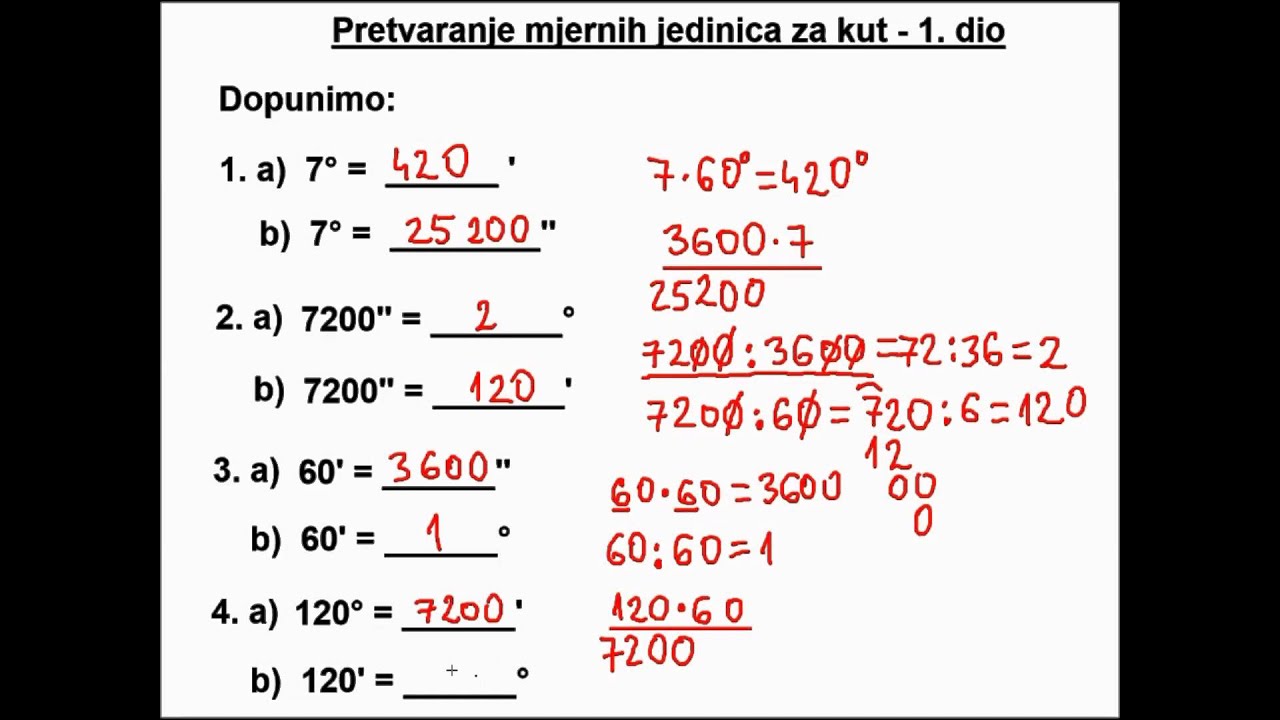 Pretvaranje mjernih jedinica za kut - 1. dio (prirodni brojevi, 5 ...