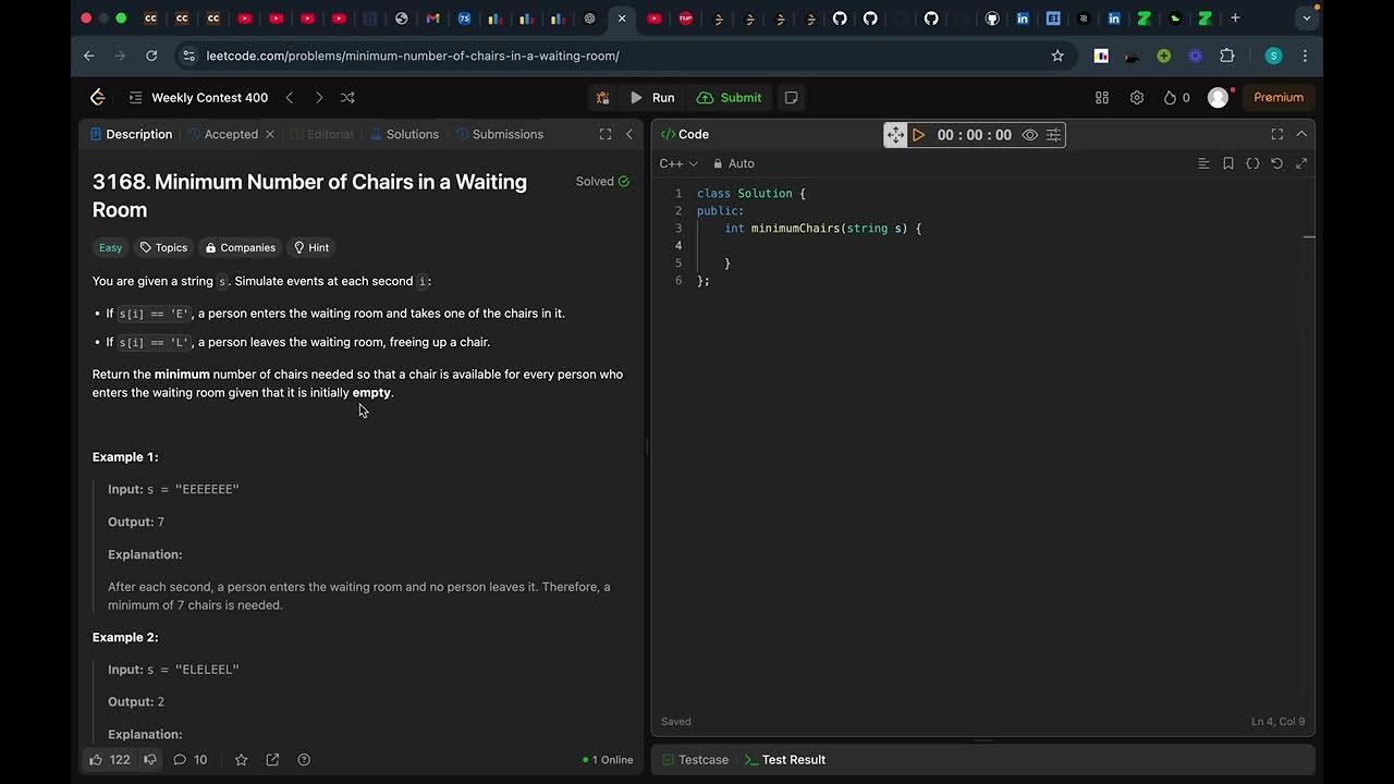 3168. Minimum Number of Chairs in a Waiting Room | LeetCode Weekly #400 | Easy | DSA - YouTube