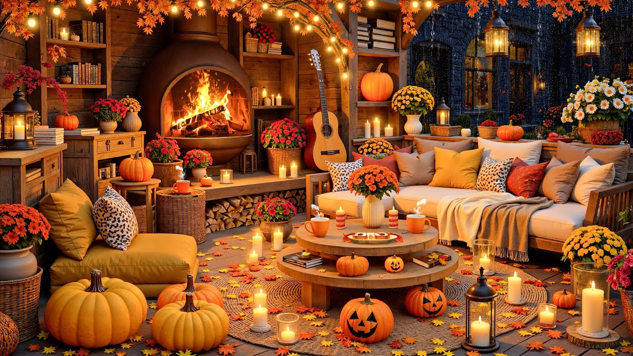 Rainy Autumn Night in October 🍂 Soothing Jazz Relaxing Music 🍂 Cozy ...