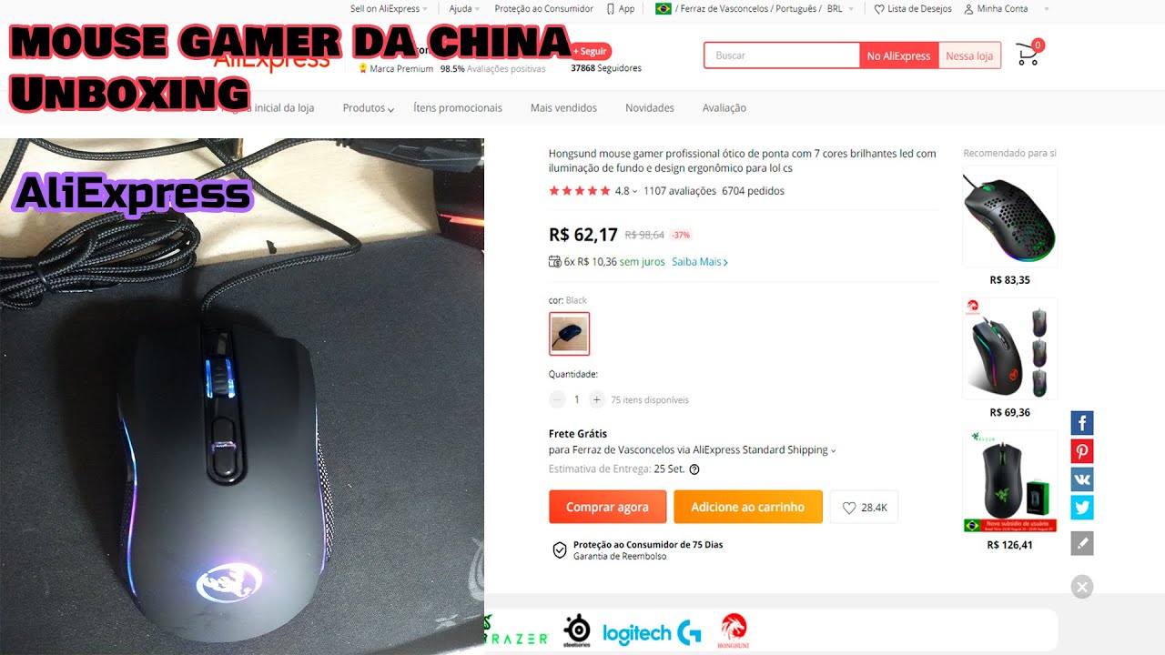 Hongsund mouse gamer profissional ótico de ponta com 7 cores mouse ...