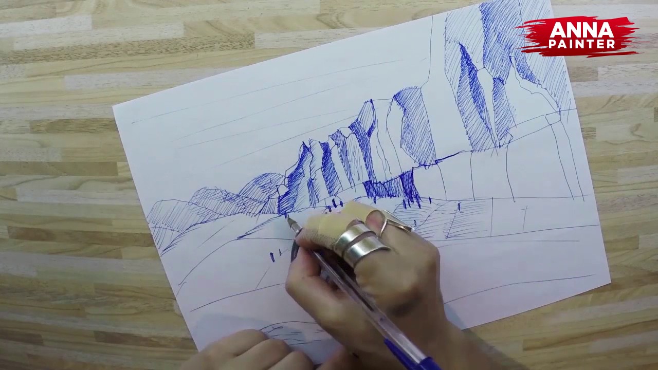 Drawing with a ballpoint pen. Mountain landscape - YouTube