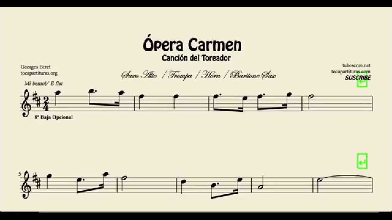 Opera Carmen Easy Sheet Music for Alto Saxophone Horn and Baritone Sax ...