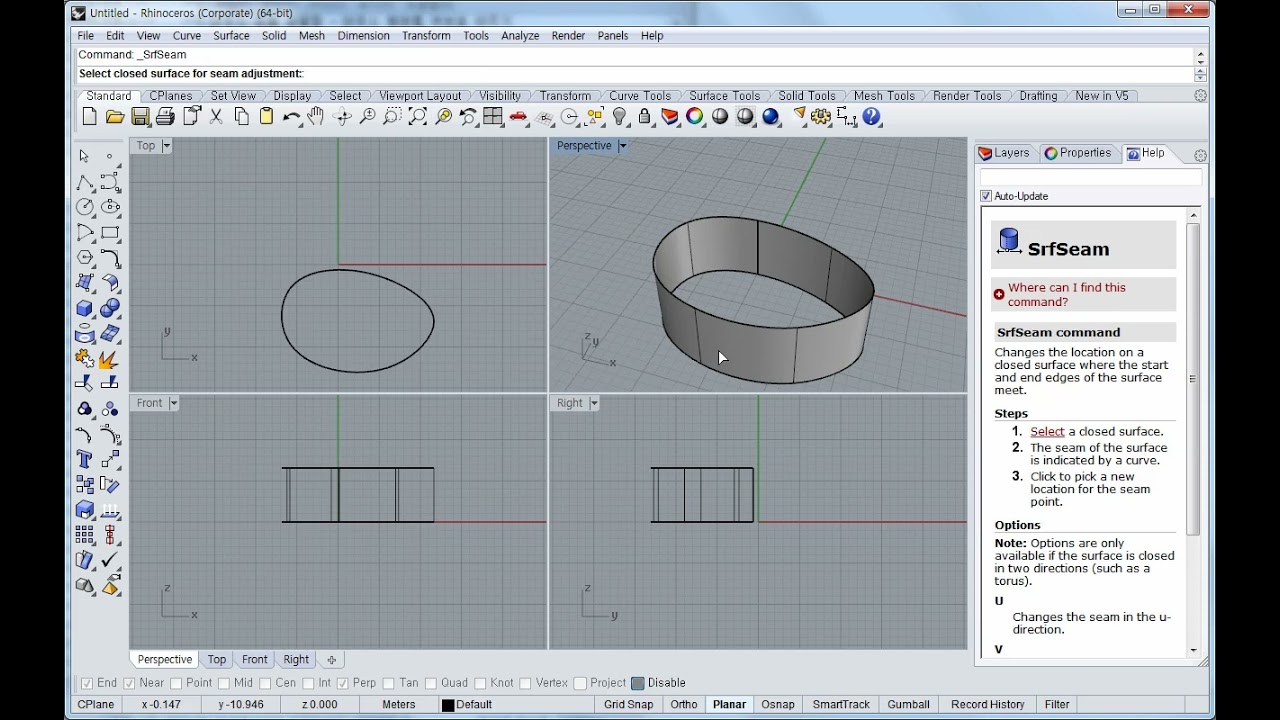 Rhino 3D 강좌 - 108. Surface Edit Tools - Adjust Closed Suface Seam - YouTube