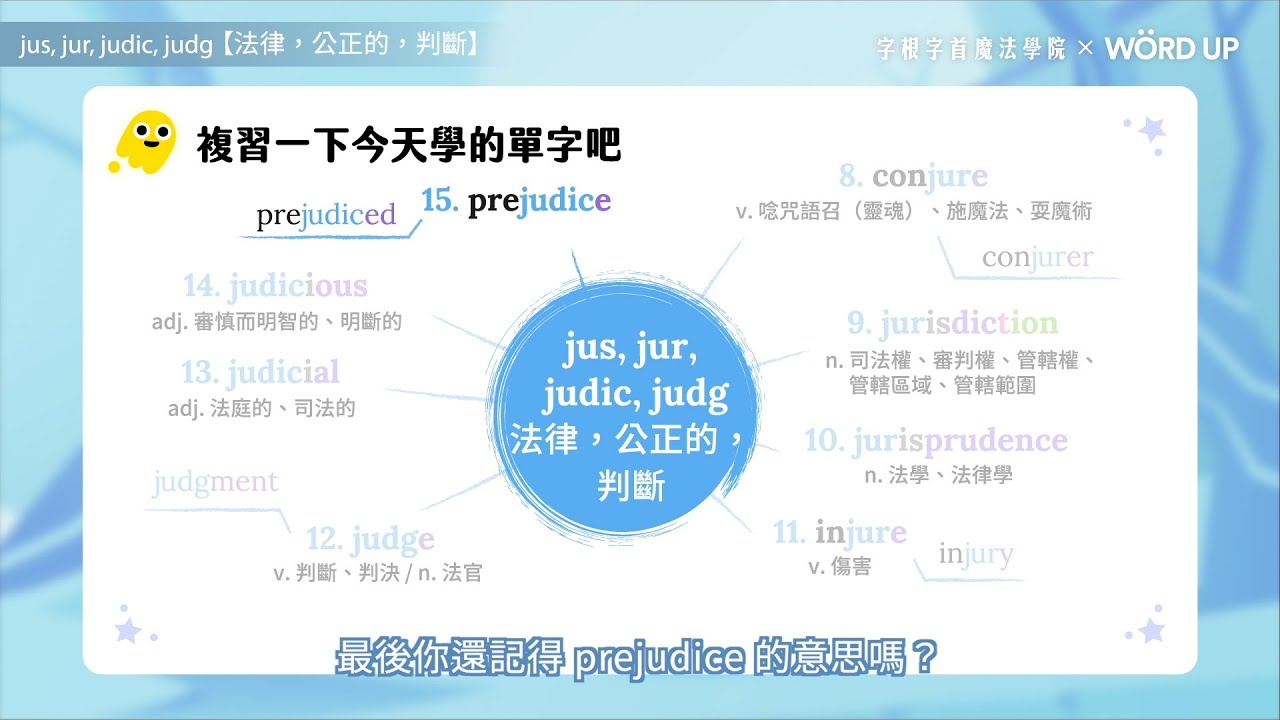 字根字首魔法學院－第三集【試閱課 jus, jur, judic, judg 法律、公正的、判斷】 - YouTube
