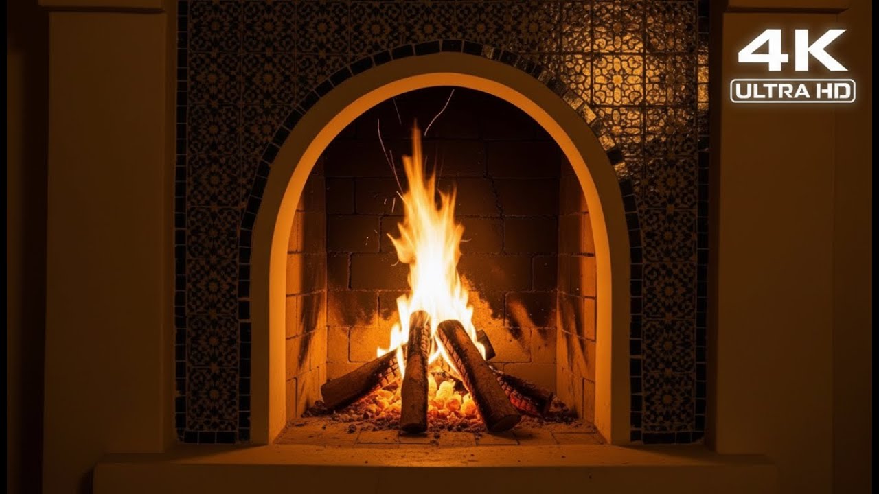 4K Moroccan Riad Fireplace | Arched Zellige Tile Fireplace & Crackling ...