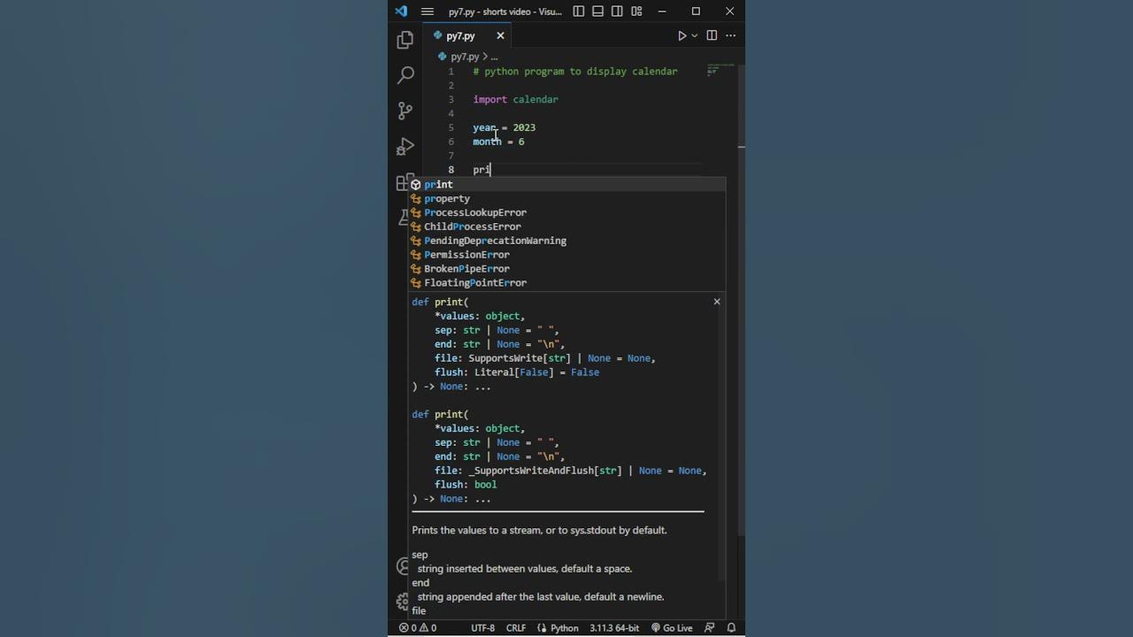 Python Program To Display Calendar Apnacollge Codewithharry Shorts Shorts Shortvideo Youtube