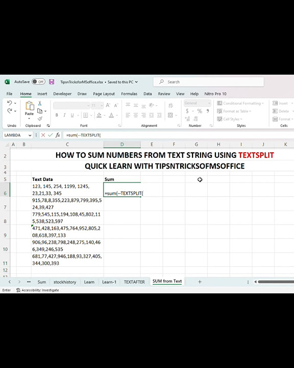 How to sum the numbers in text using textsplit - YouTube