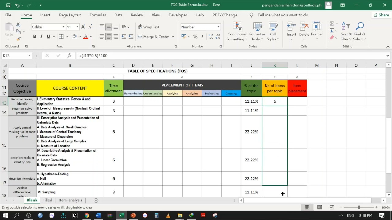 Table of specifications (TOS) with item analysis - YouTube