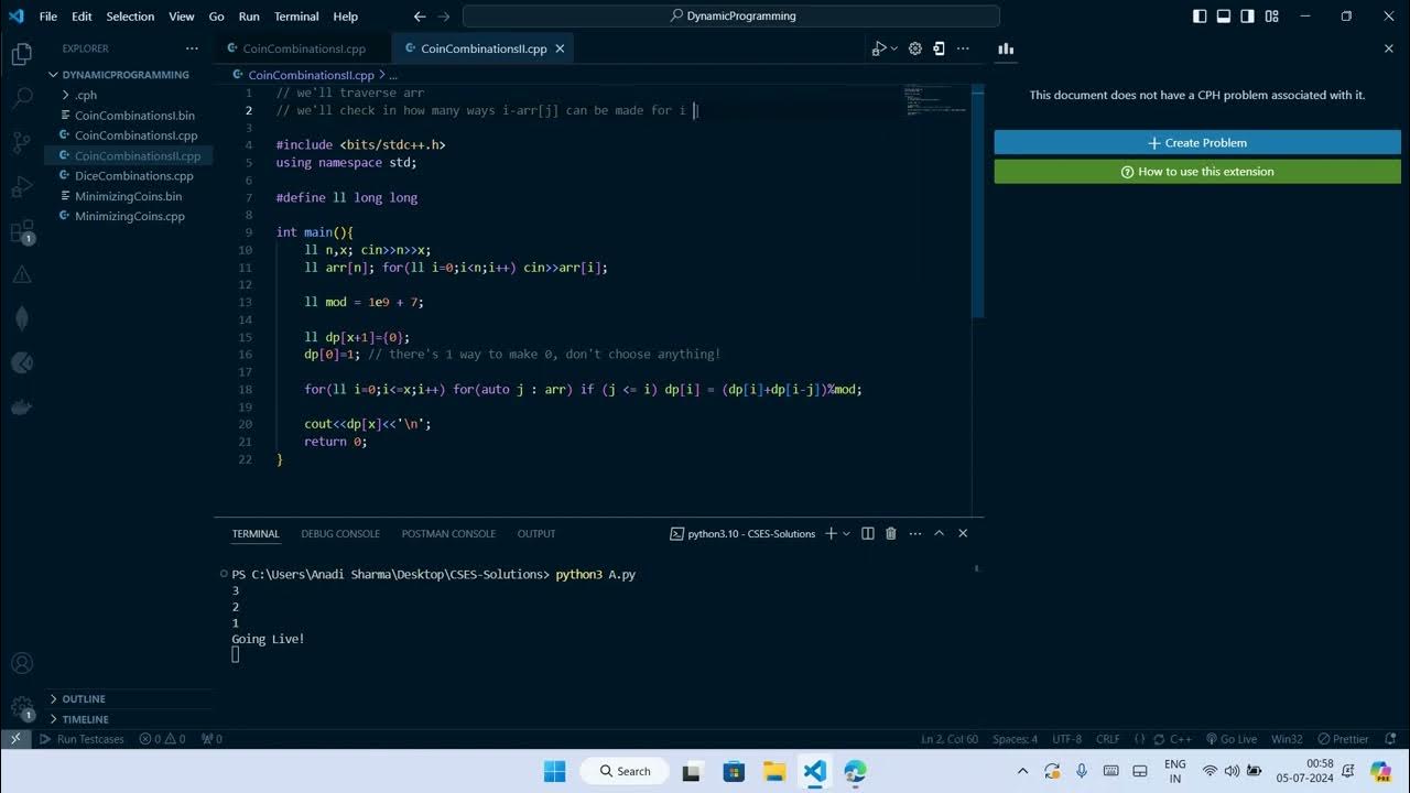 Cses Coin Combinations 2 Cses Solutions Cses Problem Set Dynamic Programming Youtube