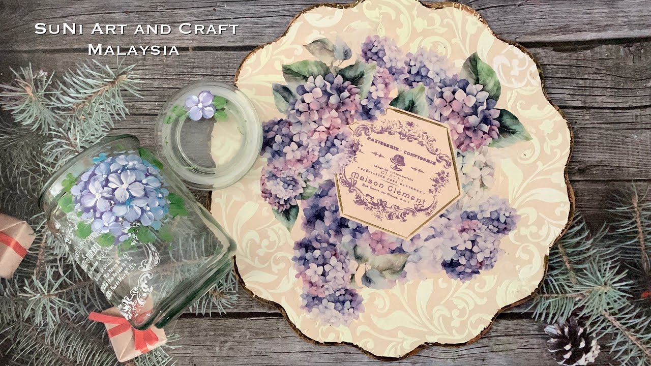 《Hydrangeas PlaceMat Decoupage + Painting on Glass Bottle》《紫陽花餐墊拼貼+玻璃彩繪 ...