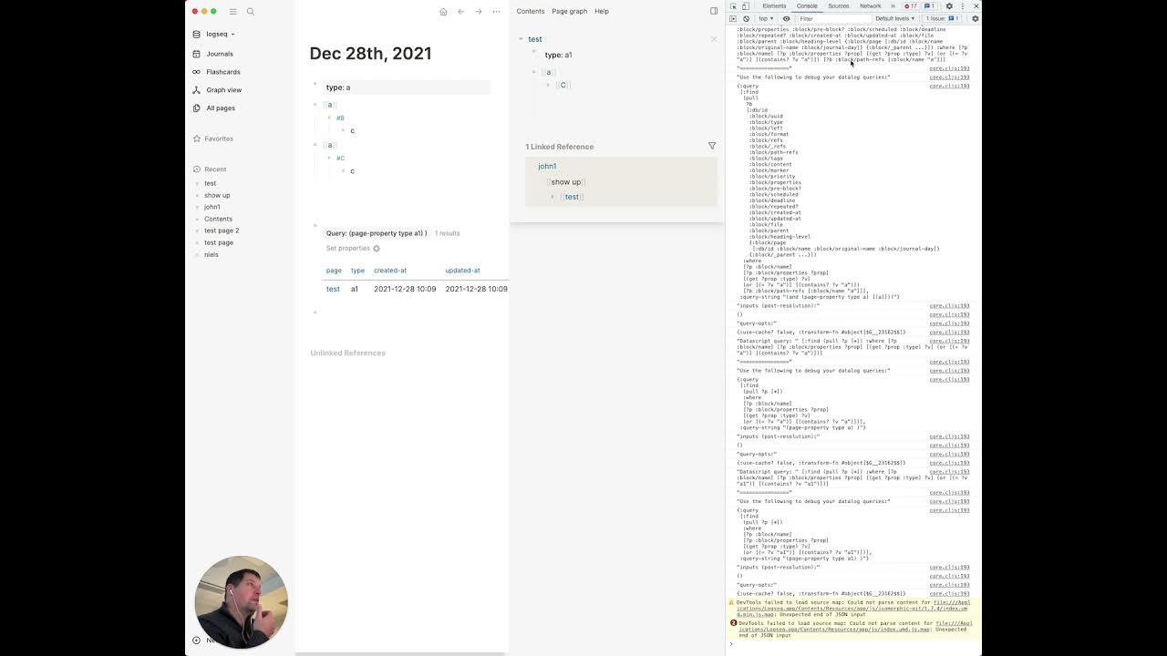 Exploring query bug in Logseq, looking at source code, debugging datalog query - YouTube