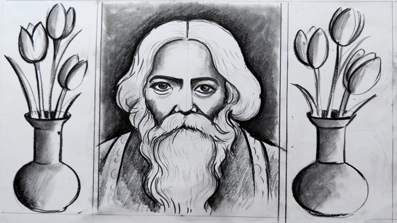 how to draw rabindranath tagore with pencil shading step by step for 25 ...