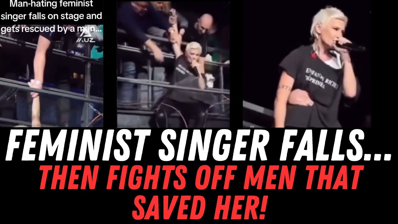 FEMINIST SINGER FALLS DURING PERFORMANCE... THEN SHE FIGHTS OFF THE MAN ...