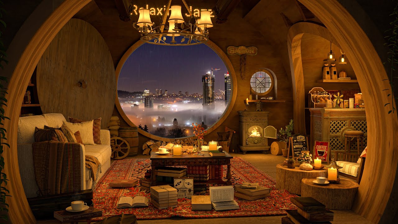 4K Cozy Coffee Shop ☕ Hobbit House Ambience with Smooth Jazz Music to ...