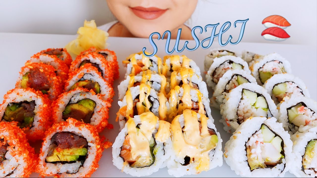 ASMR SUSHI PLATTER ~ Spicy sushi roll ~ Sushicado roll ~ California ...