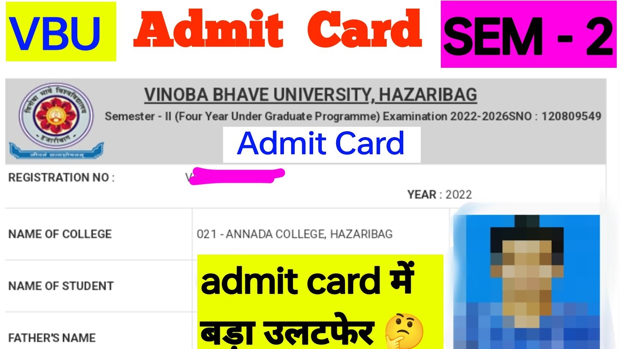 sem 2 Admit Card । download admit card sem 2 । sem 2 vbu University ...
