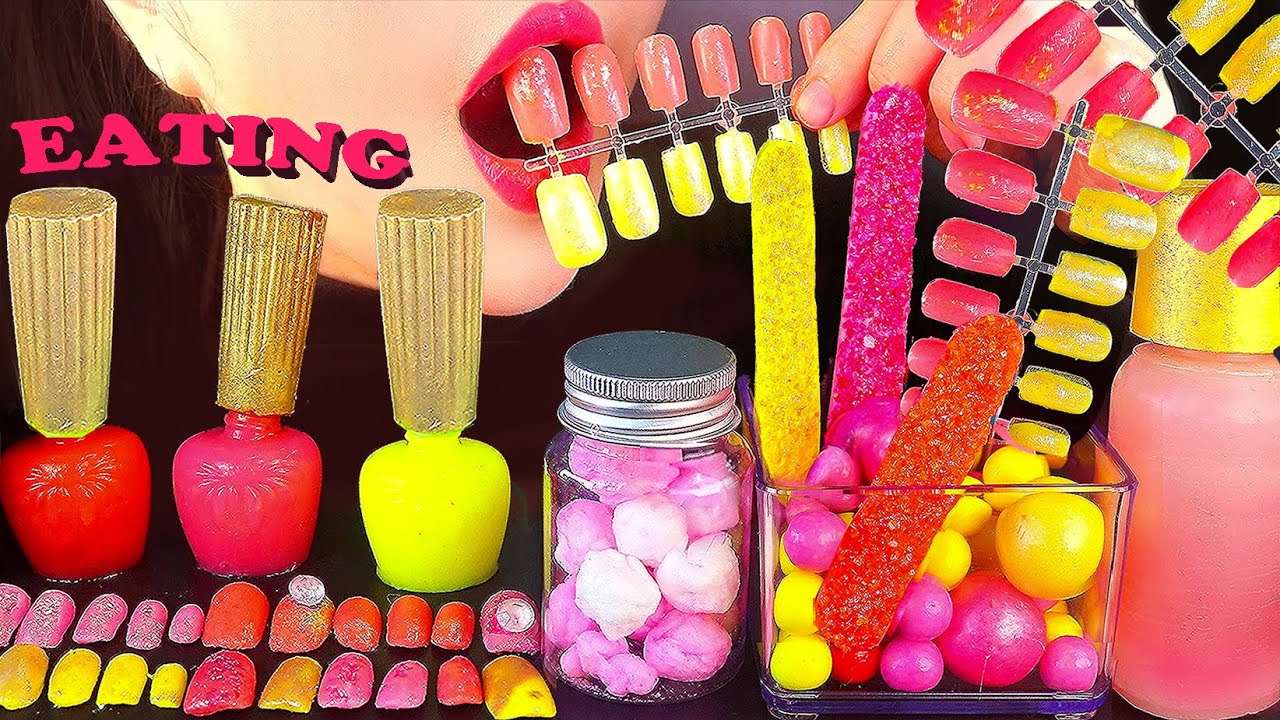 ASMR EDIBLE NAIL manicure cotton candy EATING SOUNDS 네일 매니큐어 솜사탕 왁스병캔디 ...