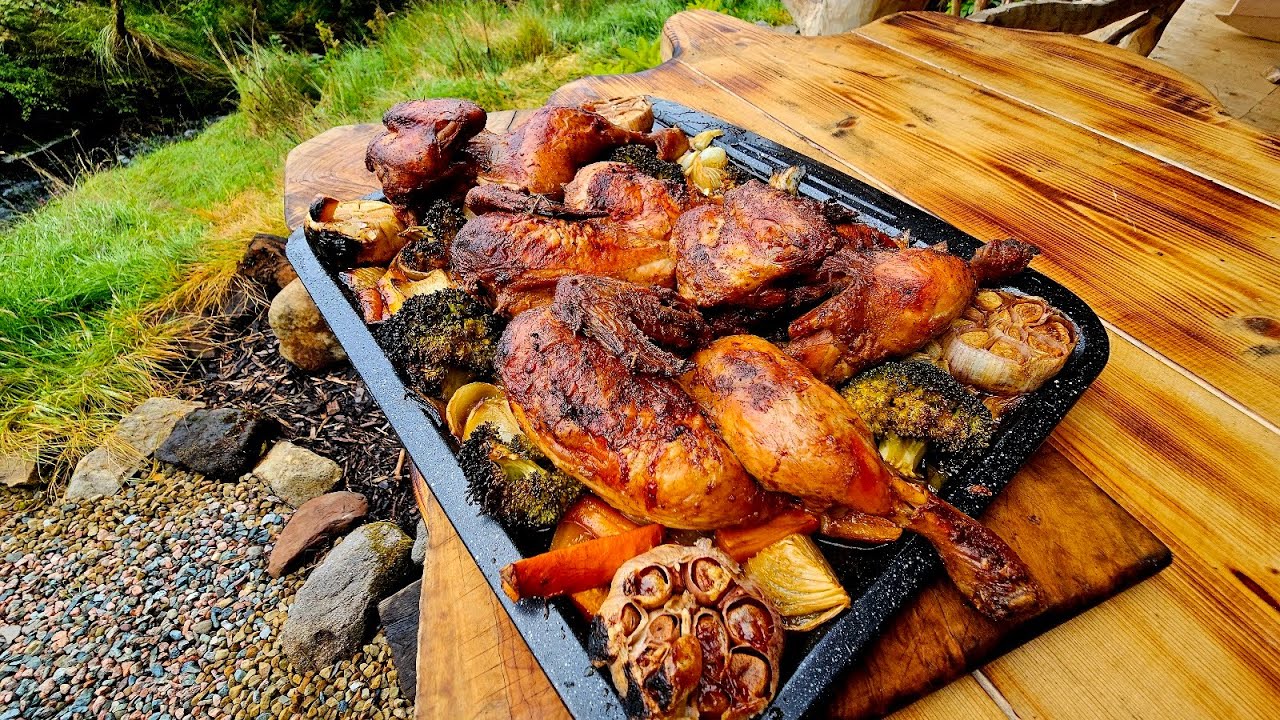 The juiciest CHICKEN ever, cooked in our outdoor HUT (ASMR, CAMPING ...