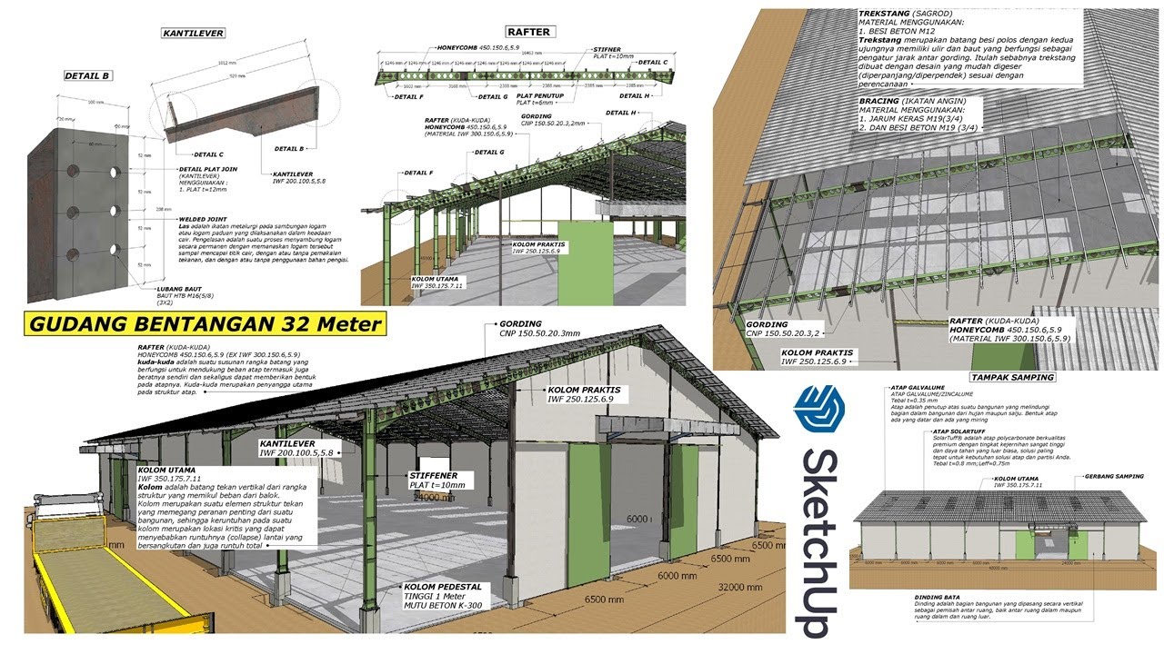 KONSTRUKSI BAJA GUDANG BENTANGAN 32 METER - YouTube