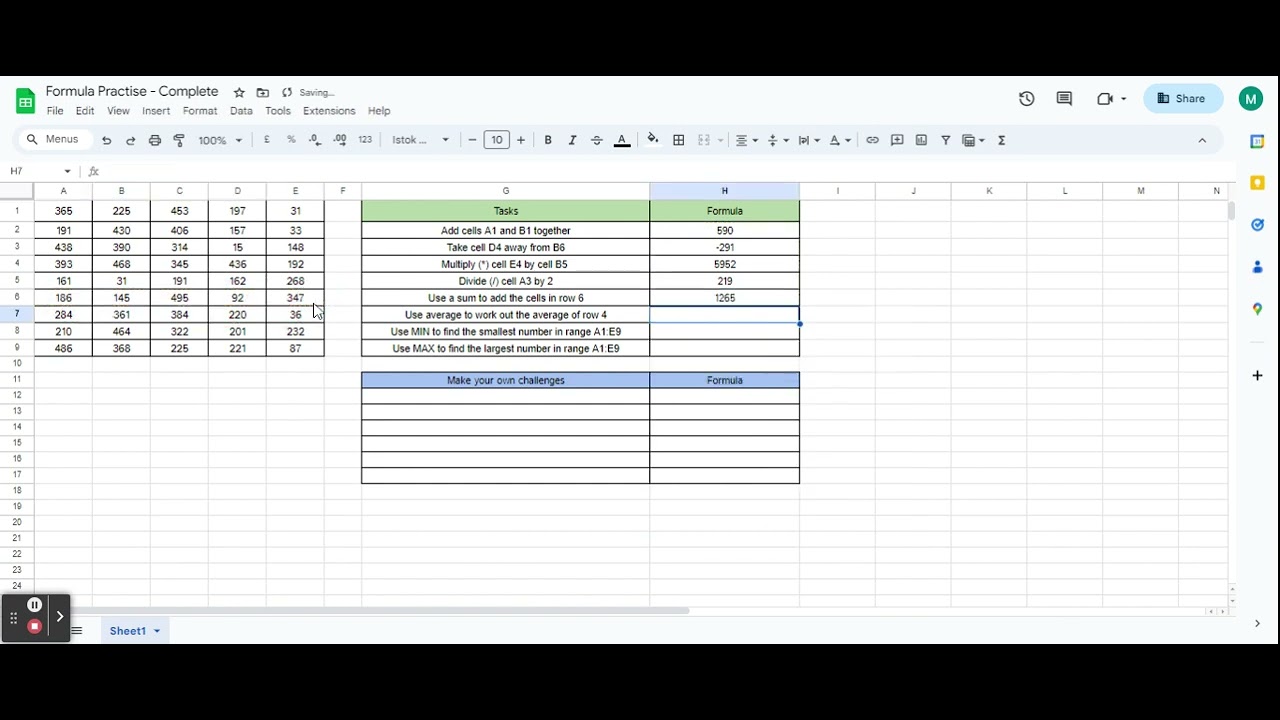Formula Practise Complete Google Sheets - YouTube