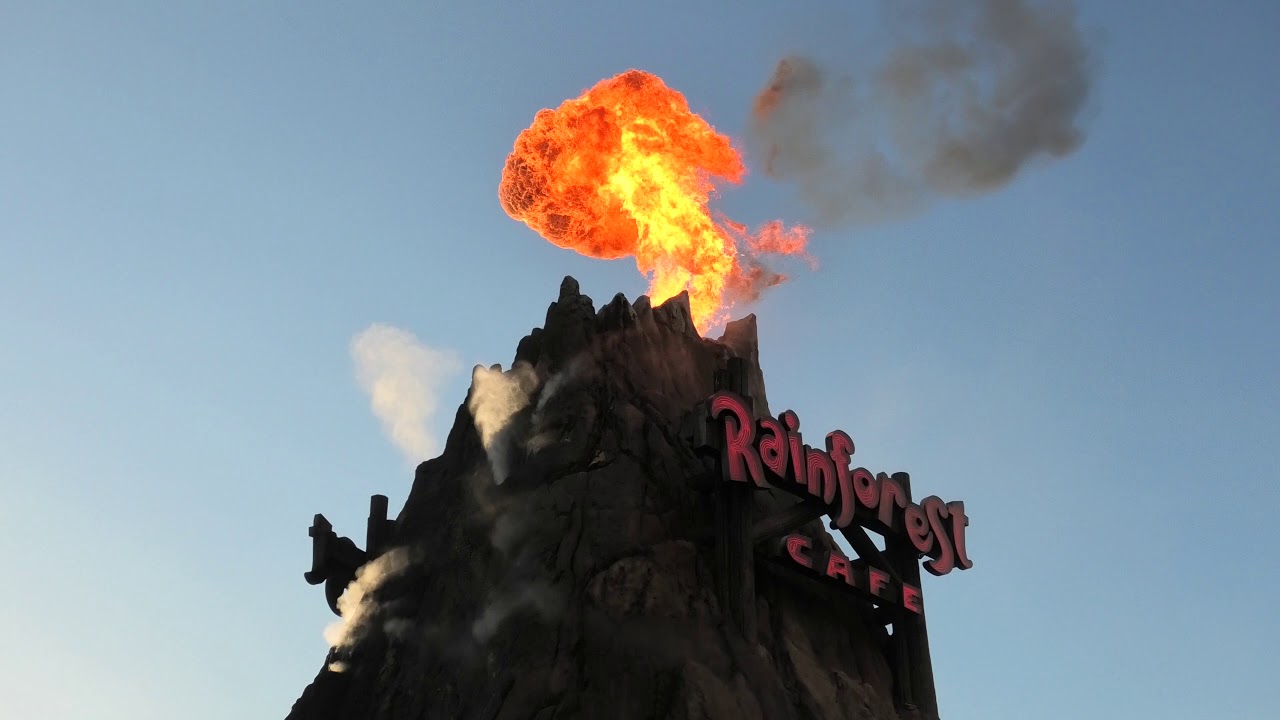 Disney Springs - Rainforest Cafe - Vulcano Explosion with Fire - YouTube