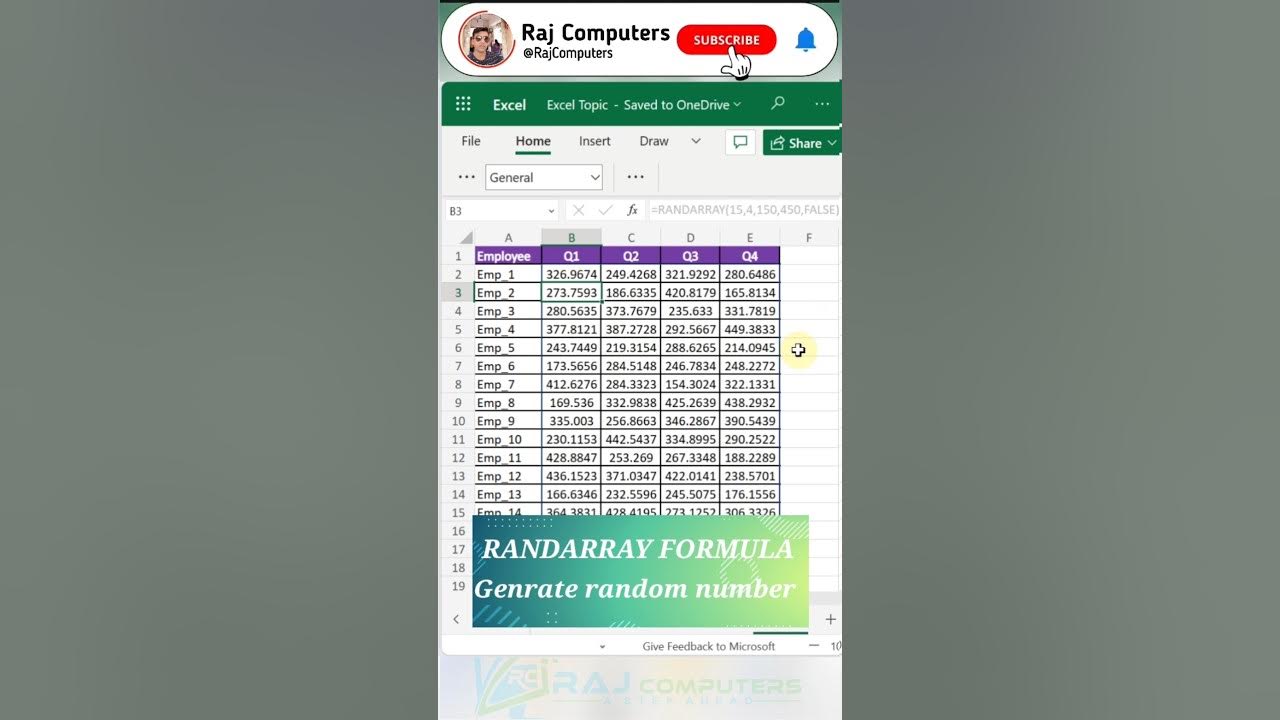 How To Genrate Random Number Using Randarray Formula In Excel Randarray Raj Computers Raj