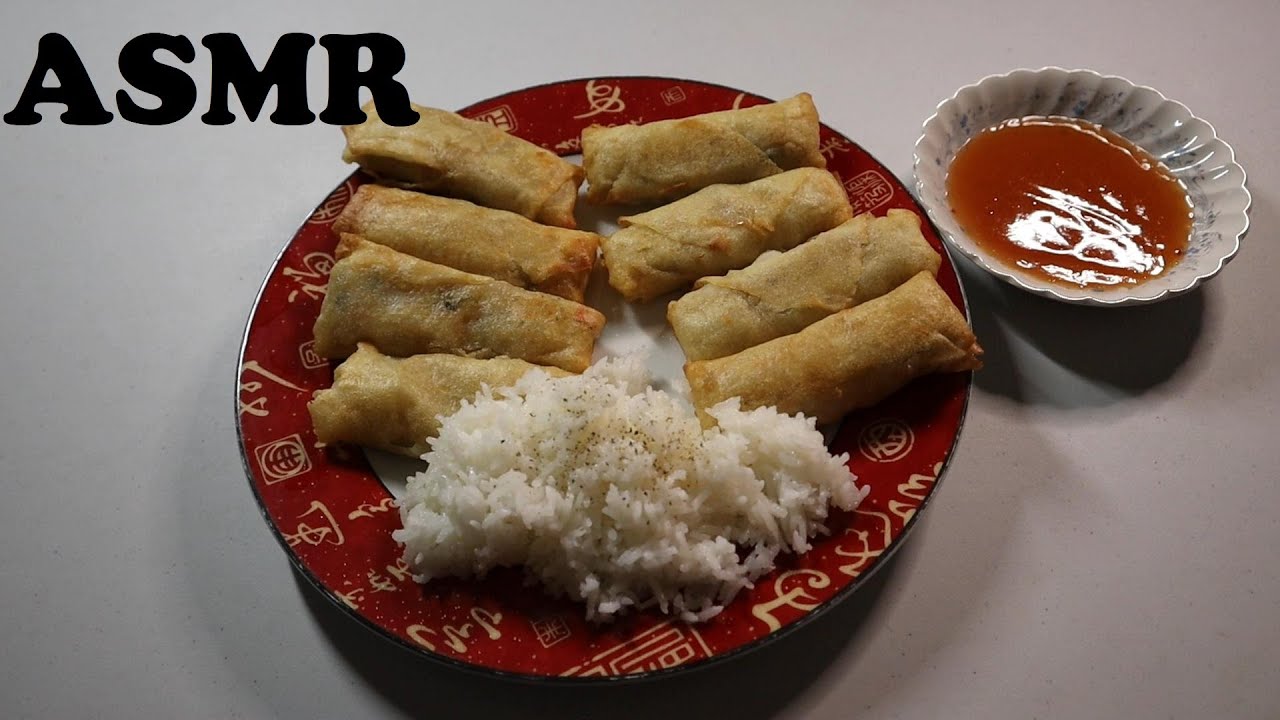 CHICKEN & VEGETABLE SPRING ROLLS & RICE ASMR MUKBANG - YouTube