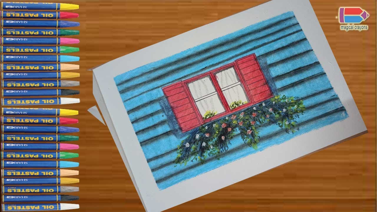 Flowers in Window Drawing with Oil Pastels for Beginners | Magical ...