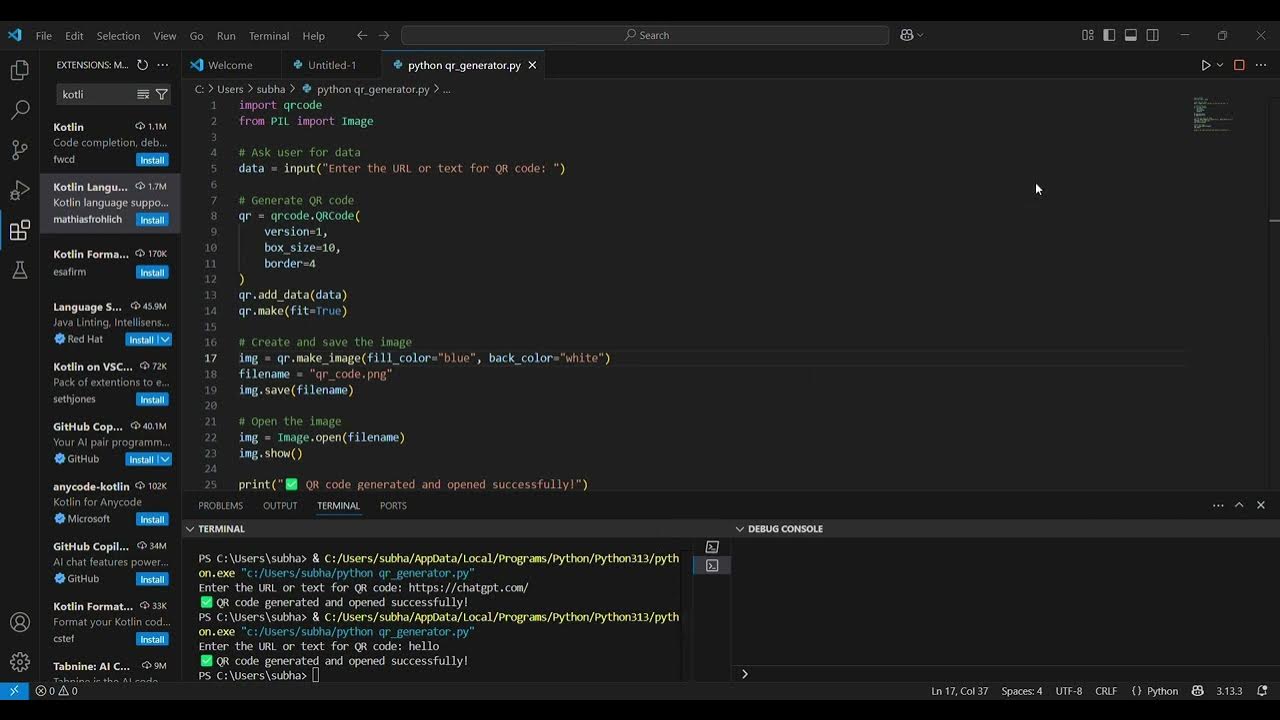 qr code generater python in vs code - YouTube