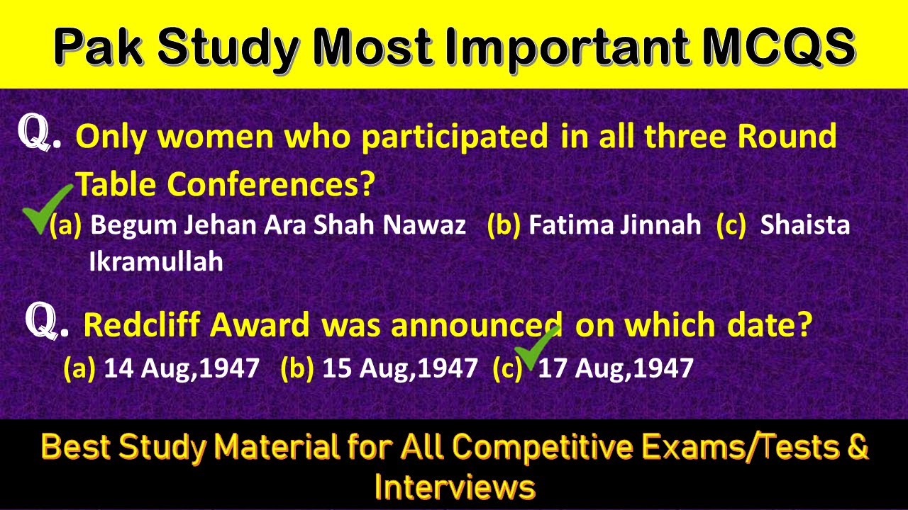 Pak Study Mcqs with answers for FPSC PPSC NTS. Pak Studies most ...