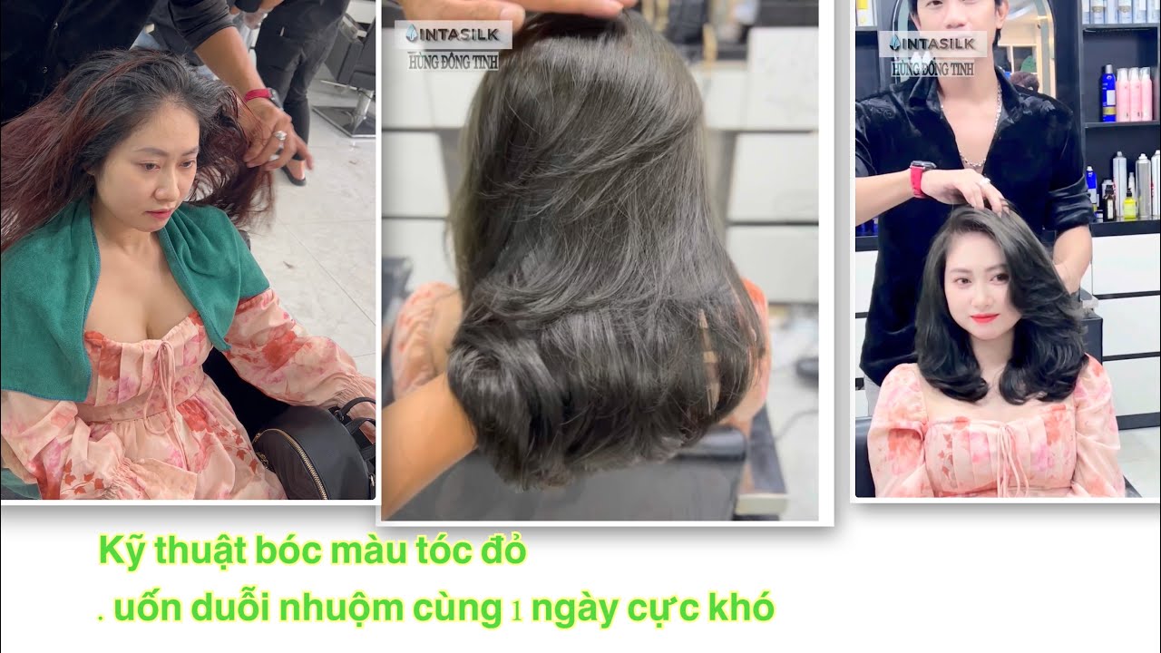 Quy trình bóc màu tóc đỏ rồi duỗi uốn nhuộm tóc trong 1 ngày cực khó ...