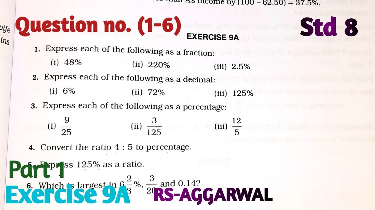 Percentage | Class 8 Exercise 9A Question 1 to 6 | RS-Aggarwal | PART 1 ...