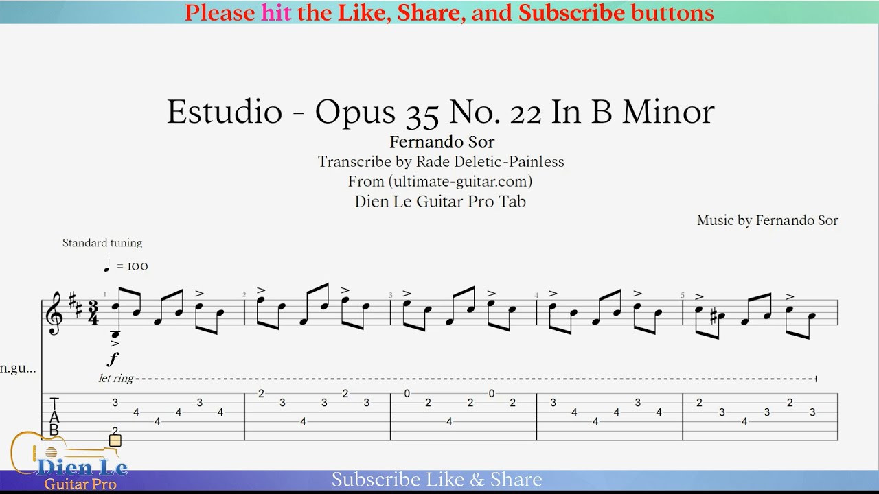 Estudio - Opus 35 No. 22 In B Minor - Fernando Sor - for Classical Guitar with Tab - YouTube
